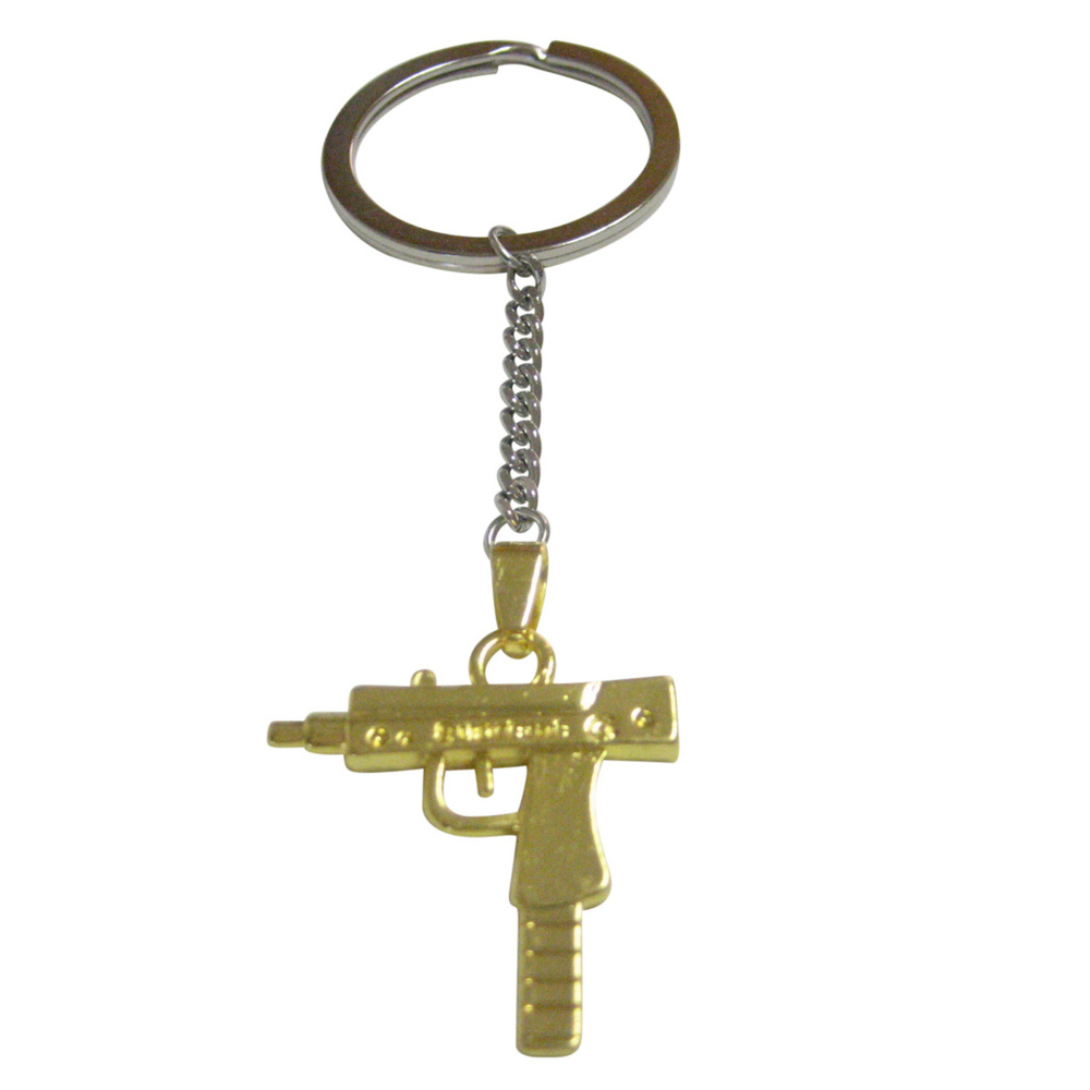 Gold Toned Submachine Gun Pendant Keychain - Gem